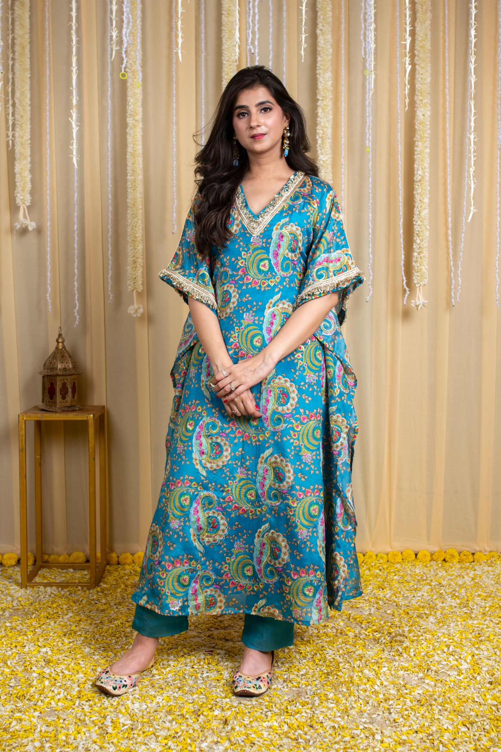 Turquoise Blue Floral Embroidered Kaftan Set