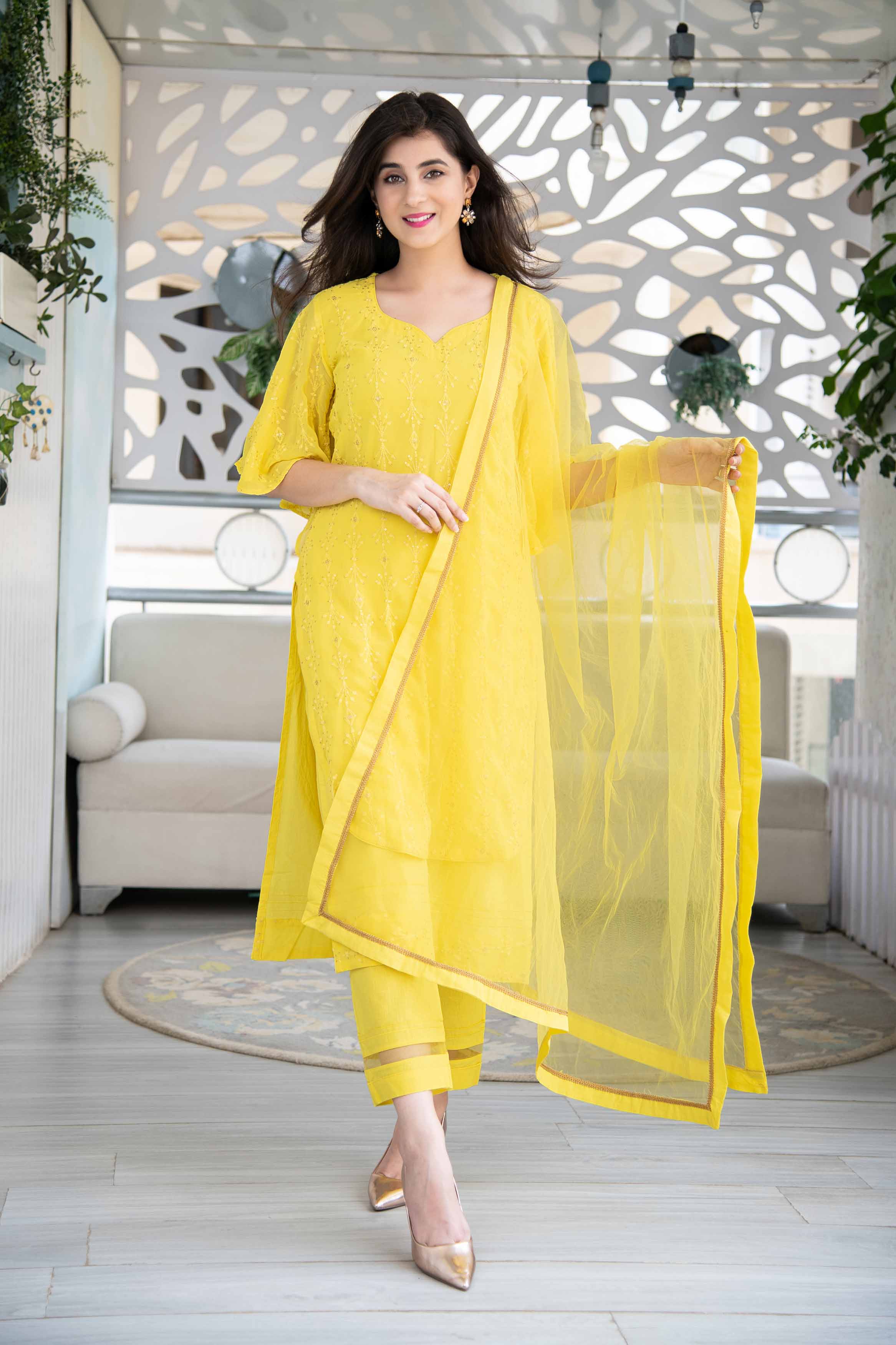 Buy online in India | Bright Yellow thread work kurta set | Label ...